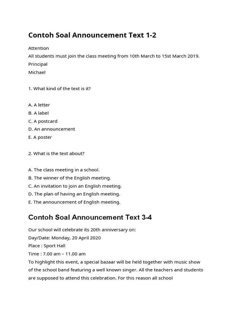 Announcement text analysis and comprehension practice | PDF