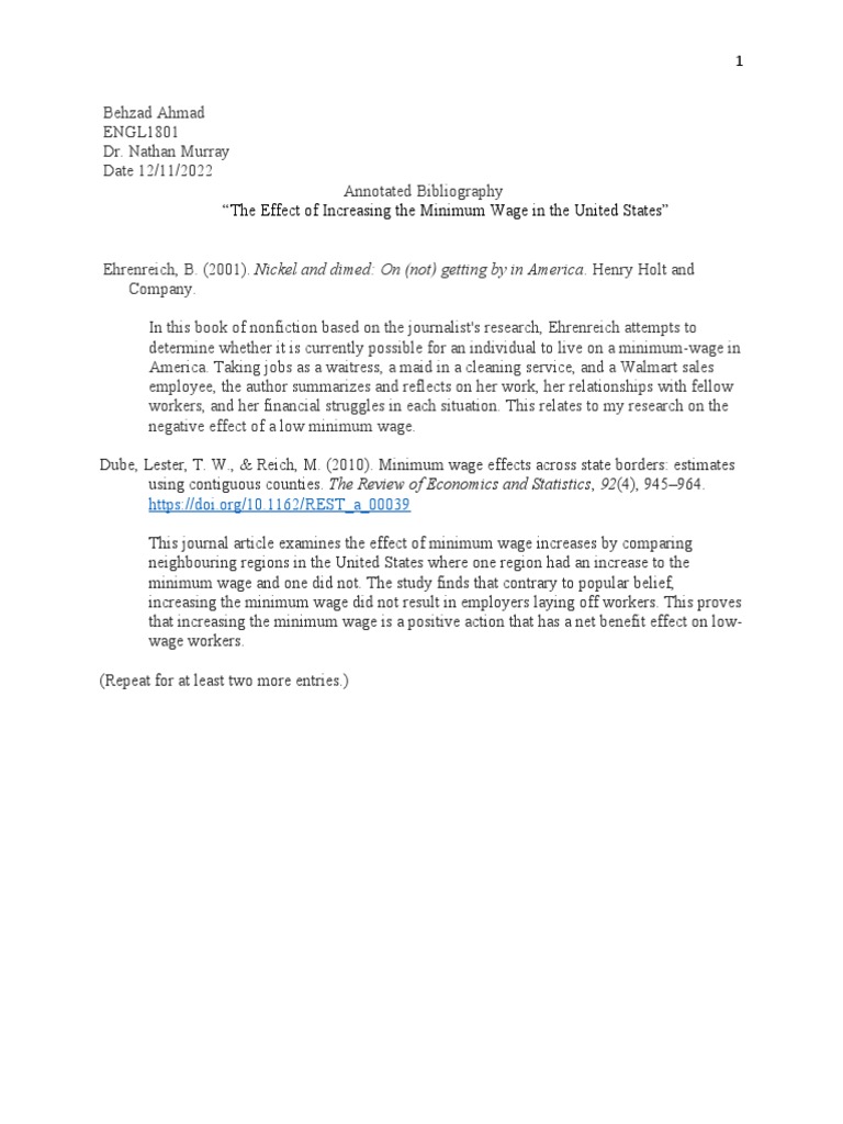 Sample Annotated Bibliography and Outline | PDF | Minimum Wage | Employment