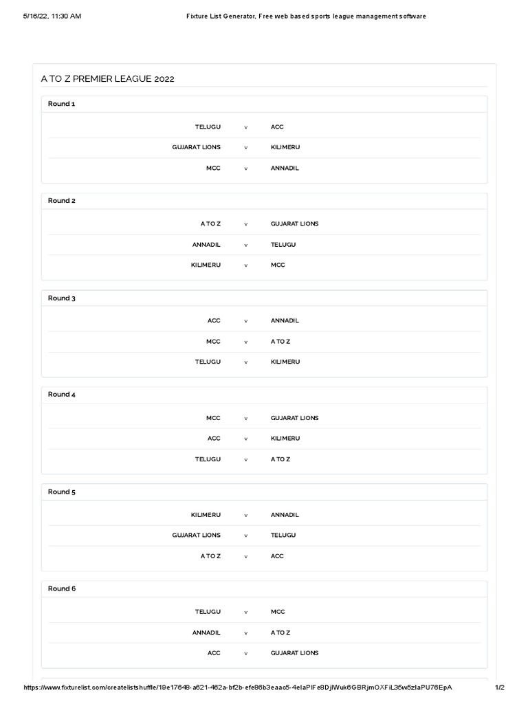 Fixture List Generator, Free Web Based Sports League Management ...