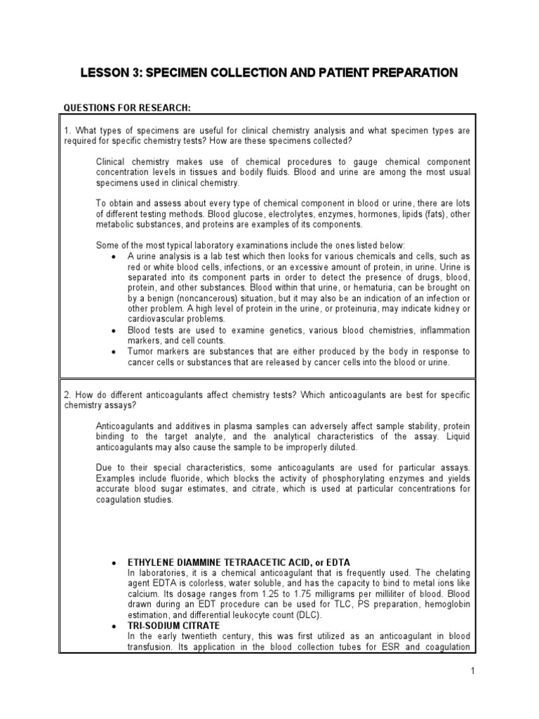 CLINICAL CHEMISTRY_SPECIMEN COLLECTION AND PATIENT PREPARATION | PDF ...