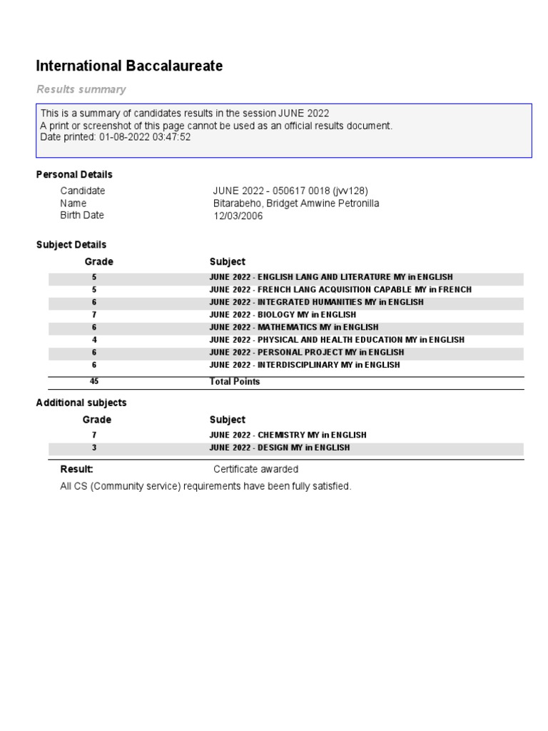 2022 MYP5 Eassessment Results - Bitarabeho, Bridget Amwine Petronilla | PDF
