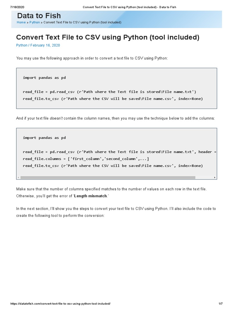 Convert Text File To CSV Using Python (Tool Included) - Data To Fish | PDF Convert Text File To CSV Using Python (Tool Included) - Data To Fish | PDF