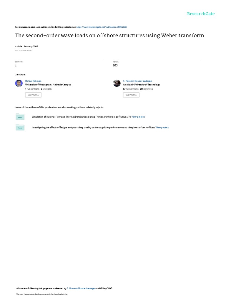 The Second Order Wave Loads On Offshore Structures Pdf Differential Equations Integral