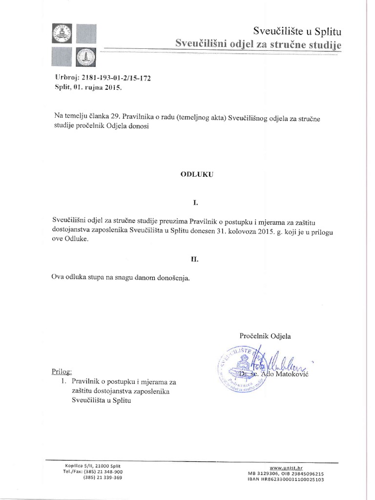 Odluka I Pravilnik o Zastiti Dostojanstva Zaposlenika | PDF