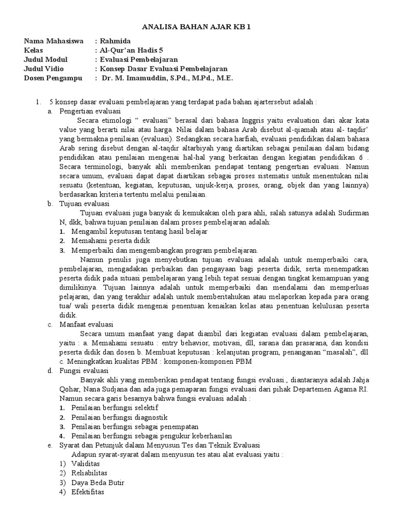 Rahmida Analisa Bahan Ajar KB 1 Jurnal Evaluasi Dalam Proses Pembelajaran | PDF