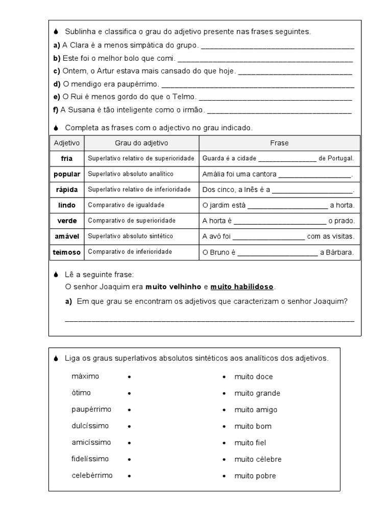 Atividades sobre Grau dos Adjetivos 4º Ano | PDF | Adjetivo | Gramática