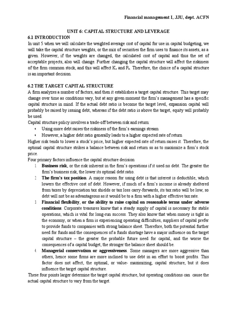 Unit 6 - Capital Structure and Leverage | PDF | Capital Structure | Financial Capital