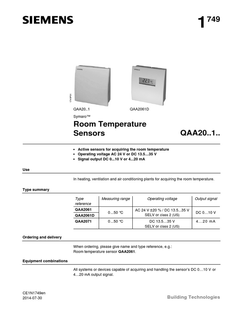 Room Temperature Sensors QAA2061 QAA2071 - en | PDF