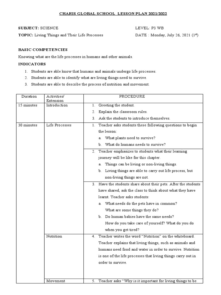 P3 Science: Life Processes Lesson Plan | PDF | Breathing | Teachers