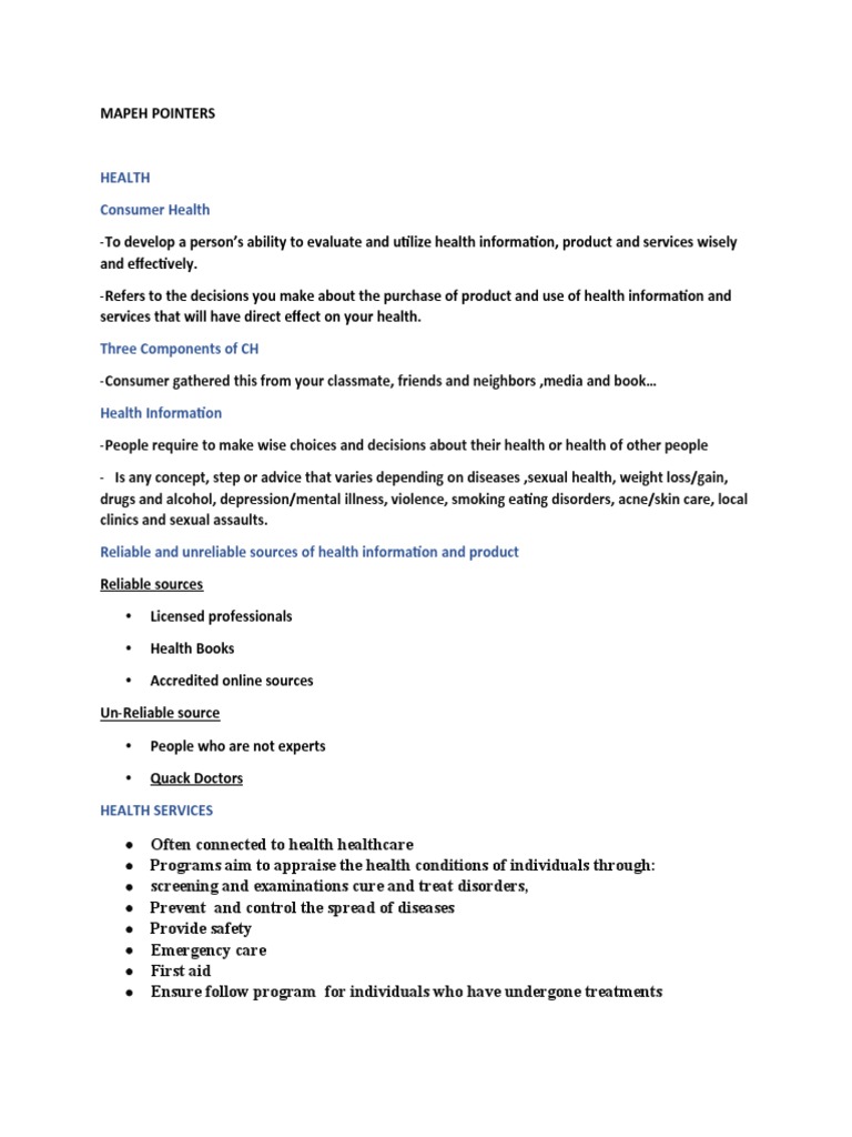 MAPEH POINTERS First Grading 10 | PDF | Health Care | Musical Instruments