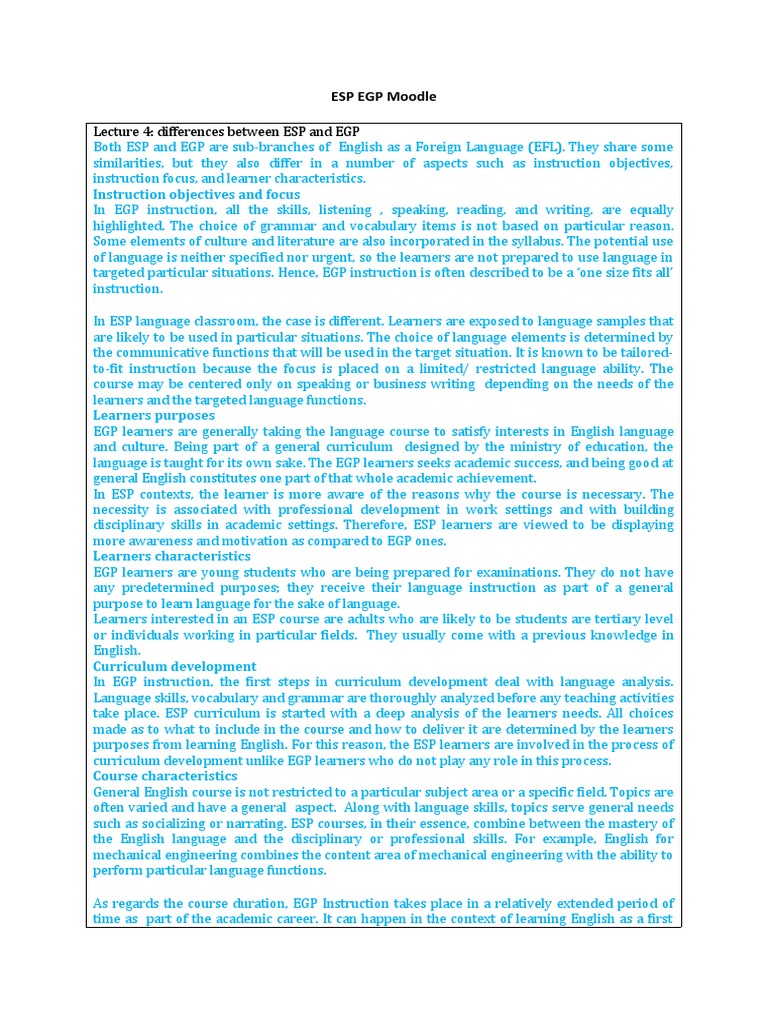 ESP Vs EGP | PDF | Teaching Method | Curriculum