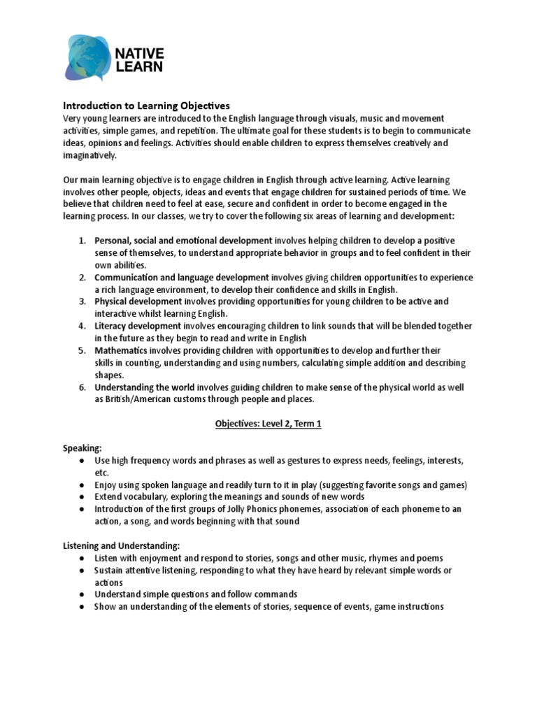 Level 2 - Term 1 Objectives | PDF | Phonics | Learning