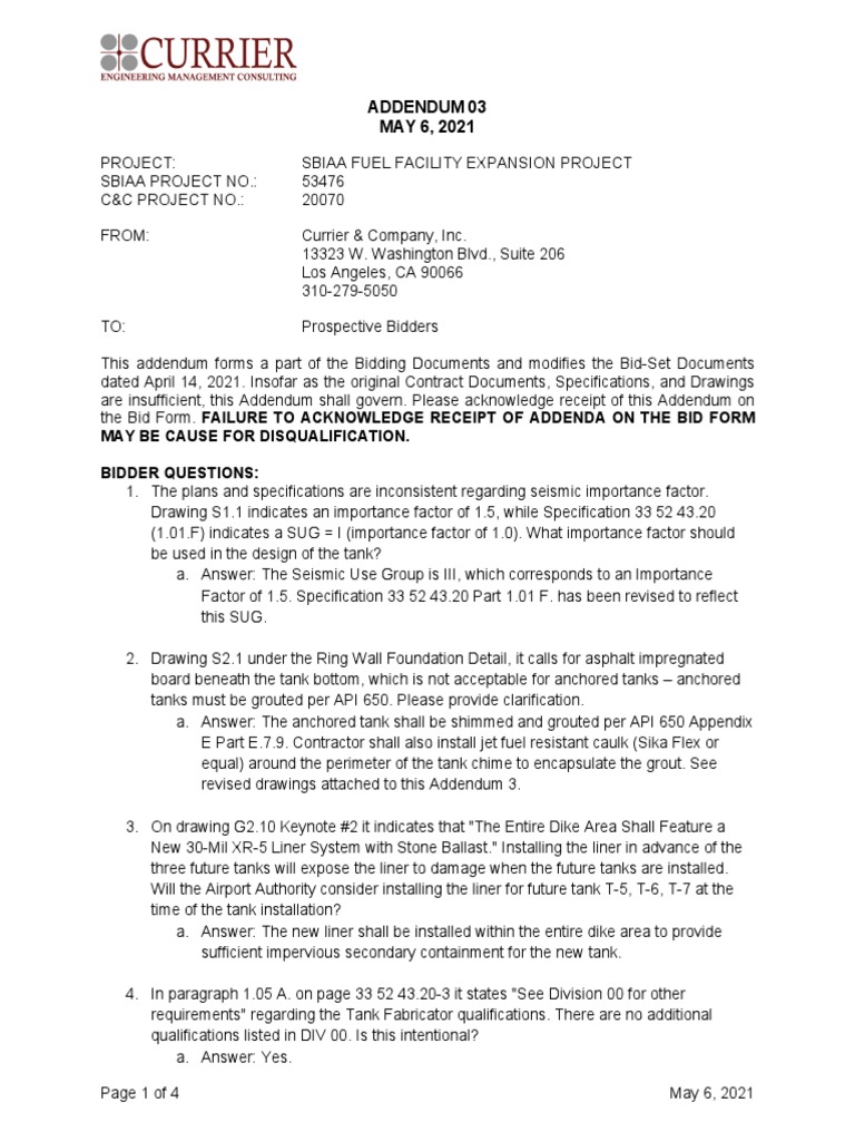 Addendum 3 Fuel Farm Expansion Project | PDF | Building Engineering ...