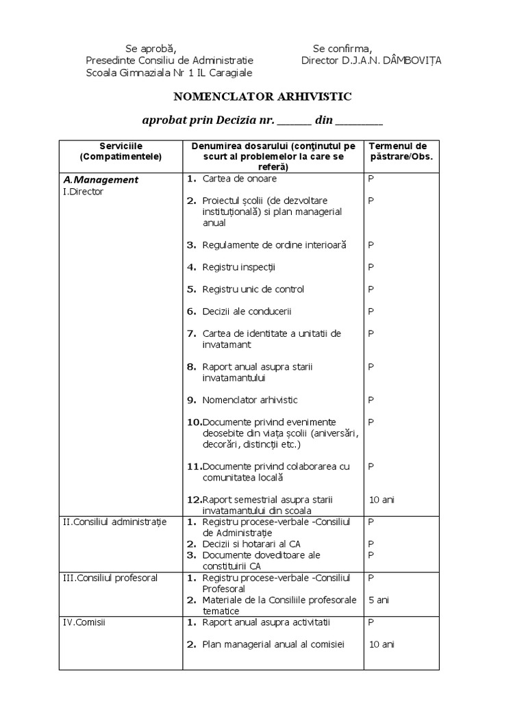 Nomenclator Arhivistic Scoala | PDF