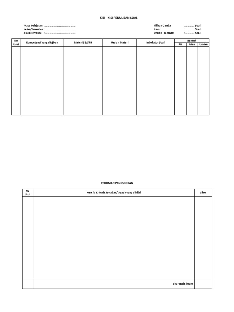 Format Kisi-Kisi, Penskoran Dan Kartu Soal | PDF