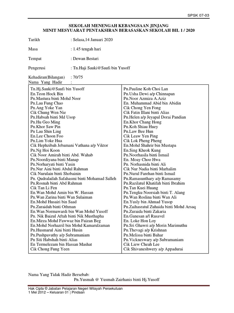 Minit Mesyuarat PBS 1 - 2020 | PDF