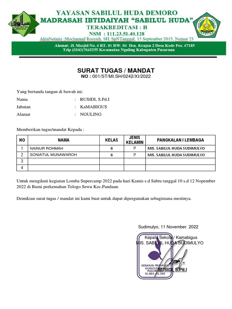 Surat Tugas Mandat Peserta Dan Bina Damping Mish | PDF