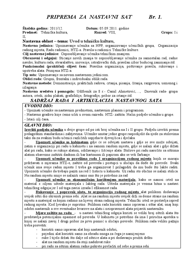 Priprema Za Nastavni Sat Br. 1.: Sadržaj Rada I Artikulacija Nastavnog Sata | PDF