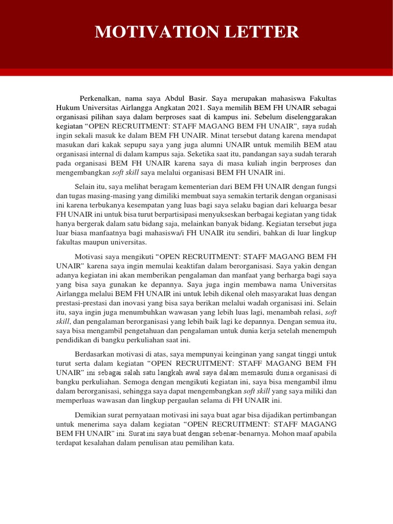 Motivation Letter untuk BEM FH UNAIR | PDF | Karier & Perkembangan | Bisnis