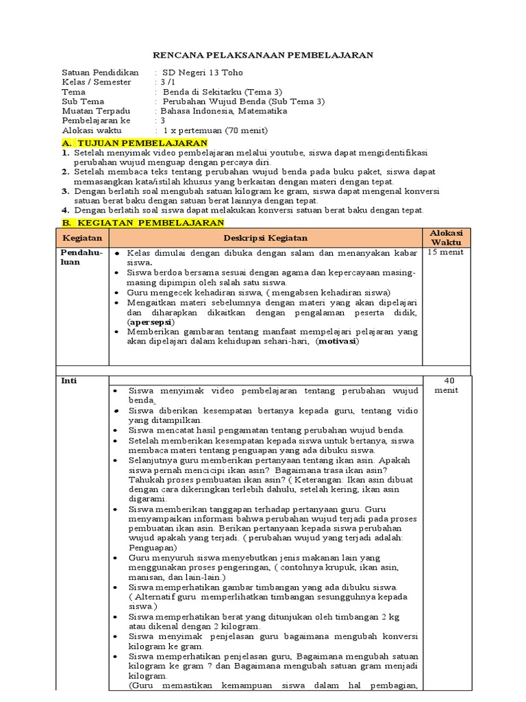RPP Tema 3 Subtema 3 PB 3 Kelas 3 Mariana | PDF