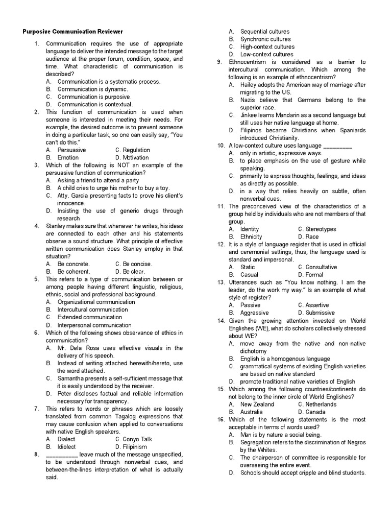 Purposive Communication Reviewer | PDF | Communication | Cross Cultural Communication