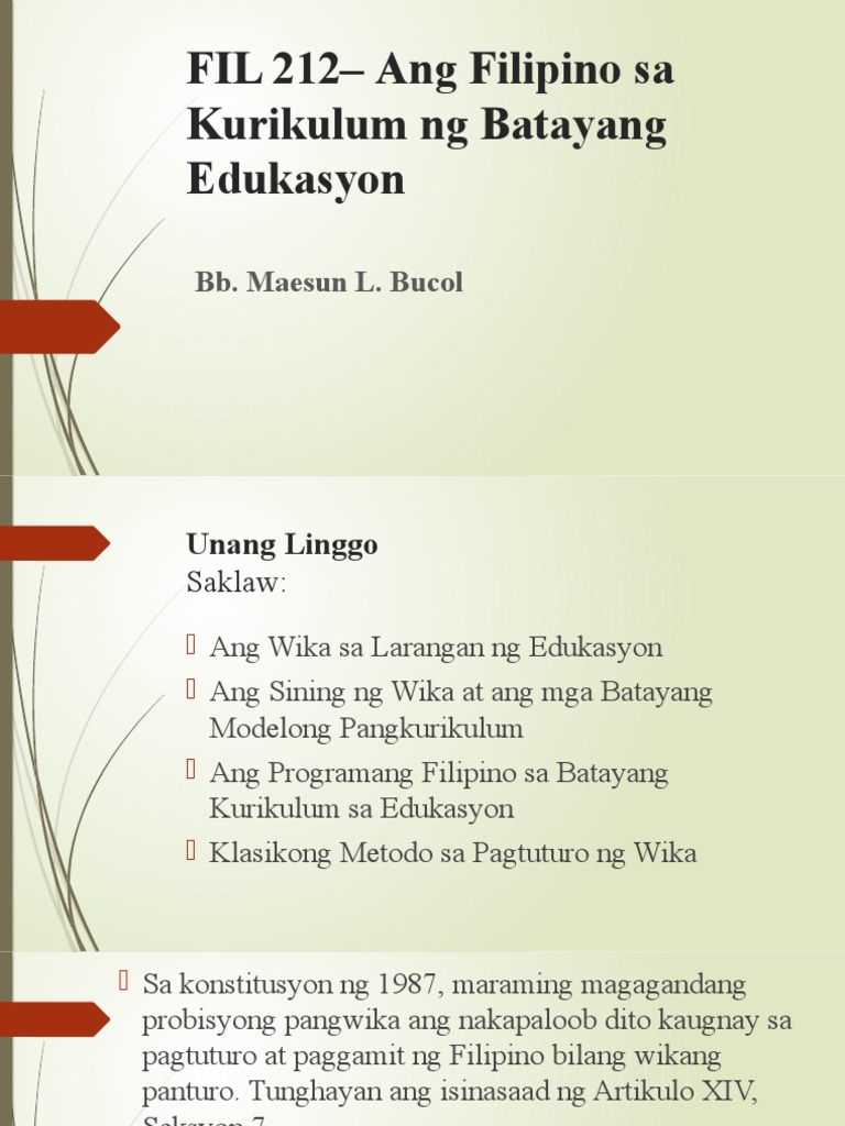 Ang Filipino Sa Kurikulum NG Batayang Edukasyon | PDF Ang Filipino Sa Kurikulum NG Batayang Edukasyon | PDF