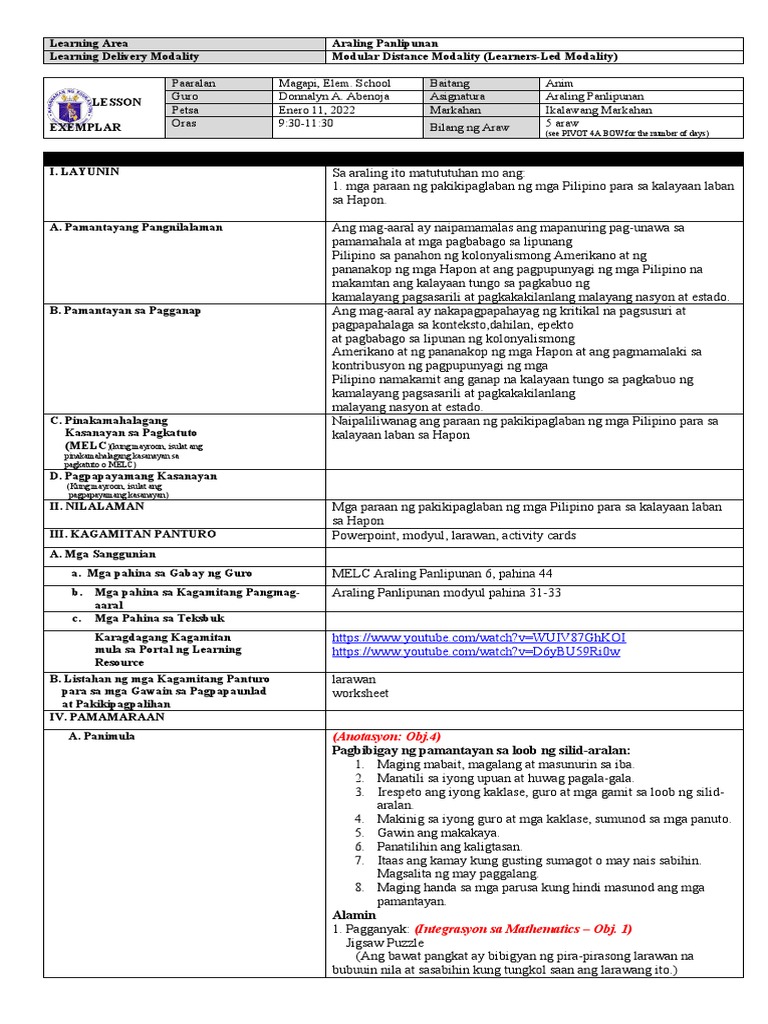 COT 1 - Q2-Week-7-Lesson-Exemplar-in-Araling Panlipunan-6 | PDF