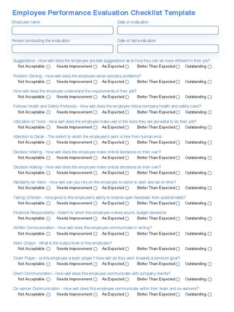 Employee Performance Evaluation Checklist Pdf Performance Appraisal Cognition