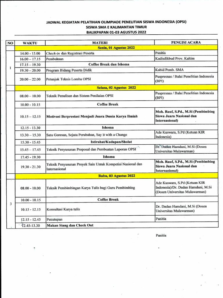 Rundown Kegiatan Pelatihan OPSI 2022 | PDF