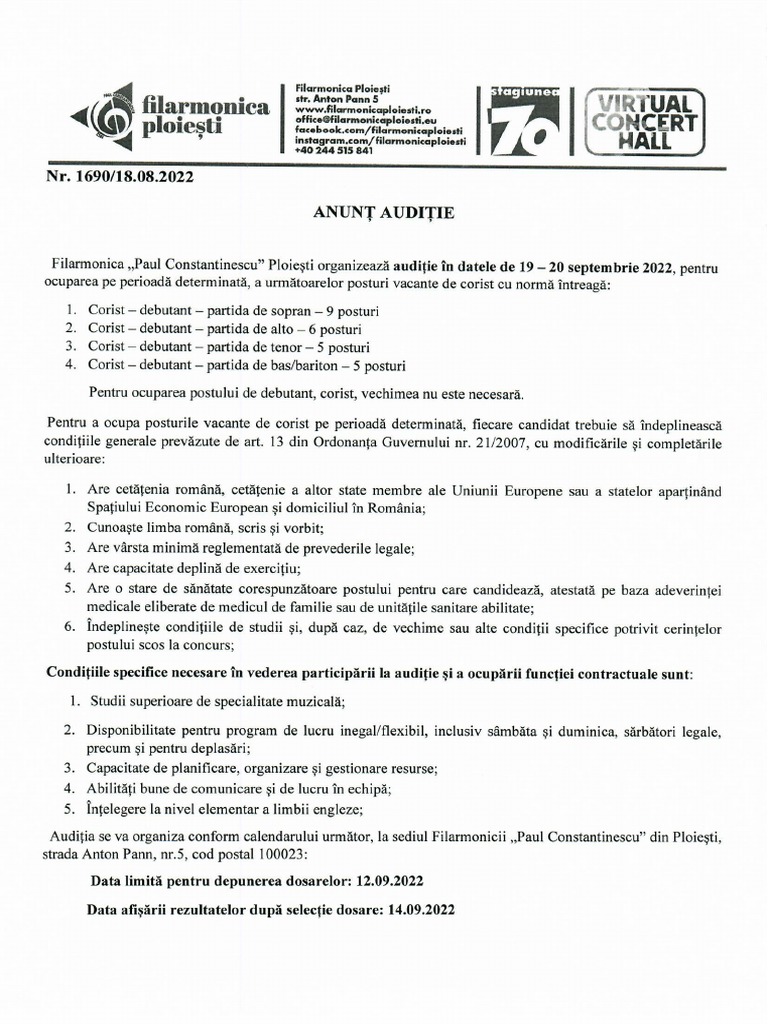 Filarmonica Ploiesti Anunt Auditie Coristi | PDF