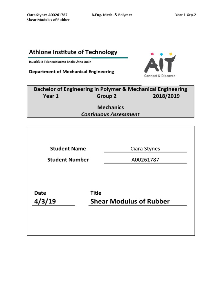 Shear Modulus of Rubber - A00261787 - Ciara Stynes | PDF | Young's ...