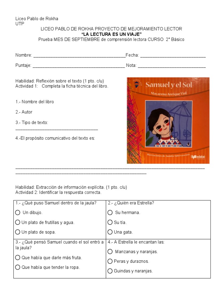 Prueba Plan Lector 2° Básico Samuel y El Sol | PDF | Cognición