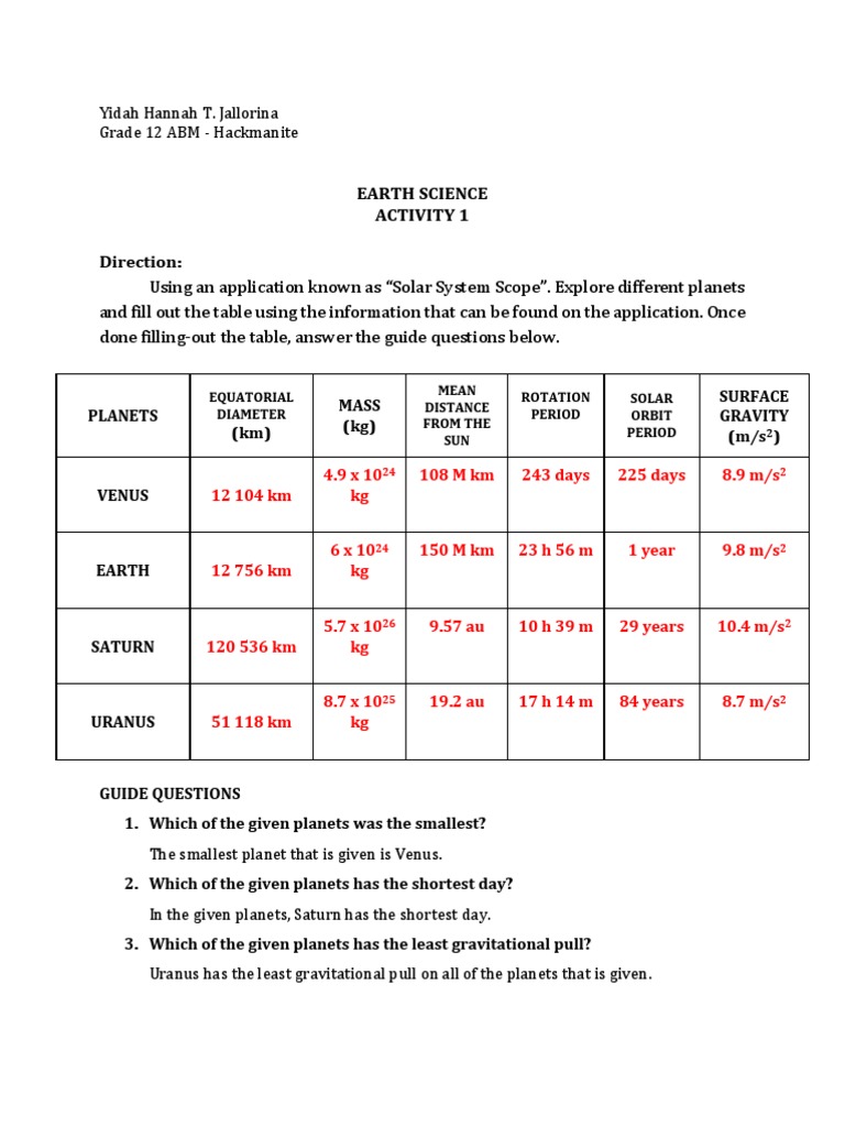 Activity 1 - Earth Science | PDF | Planets | Solar System