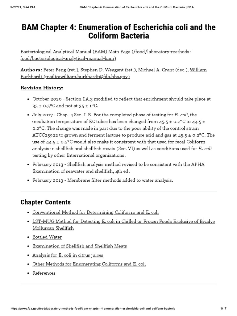 BAM Chapter 4. Enumeration of Escherichia Coli and The Coliform Bacteria | PDF | Escherichia ...