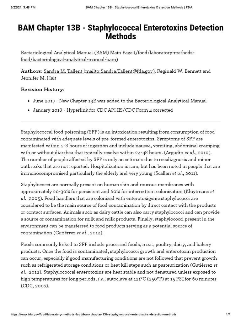 Bam Chapter 13b Staphylococcal Enterotoxins Detection Methods Pdf Staphylococcus