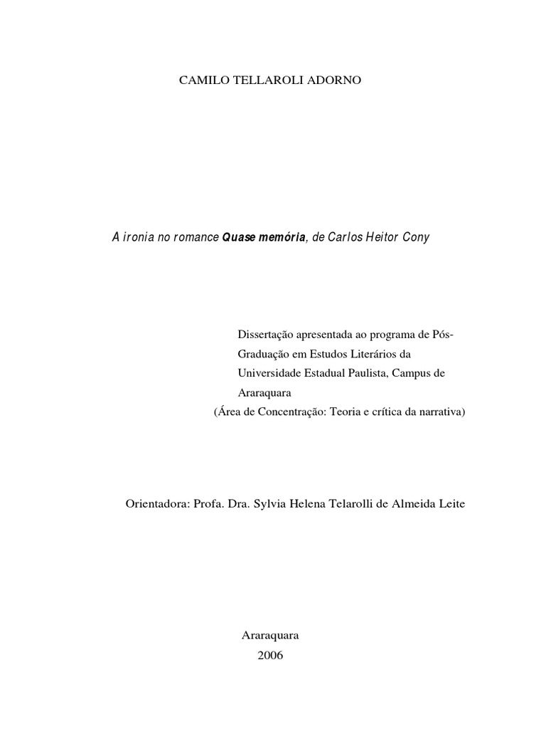 A ironia no romance Quase memória, de Carlos Heitor Cony | PDF
