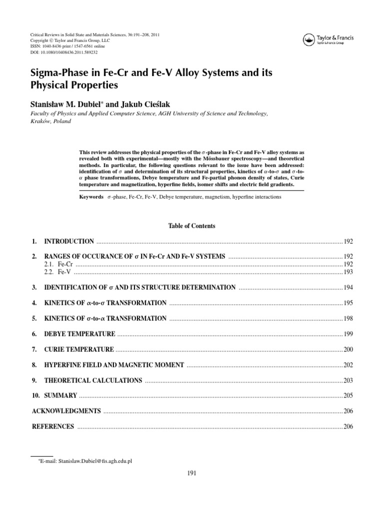 Sigma-Phase in Fe-Cr and Fe-V Alloy Systems and Its Physical Properties ...