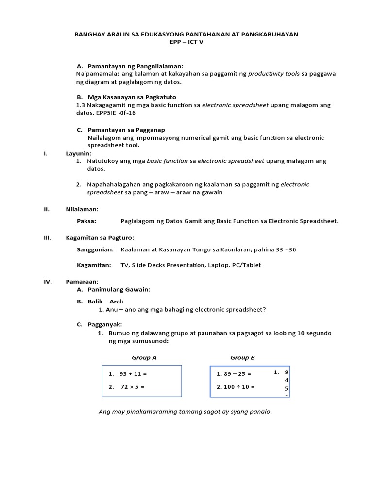 EPP - ICT - GR5 Paggamit Sa Basic Functions Sa Electronic Spreadsheet ...
