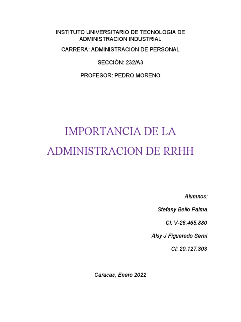 Importancia y Objetivo de La Administracion en RRHH Alsy Figueredo | PDF | Gestión de recursos ...