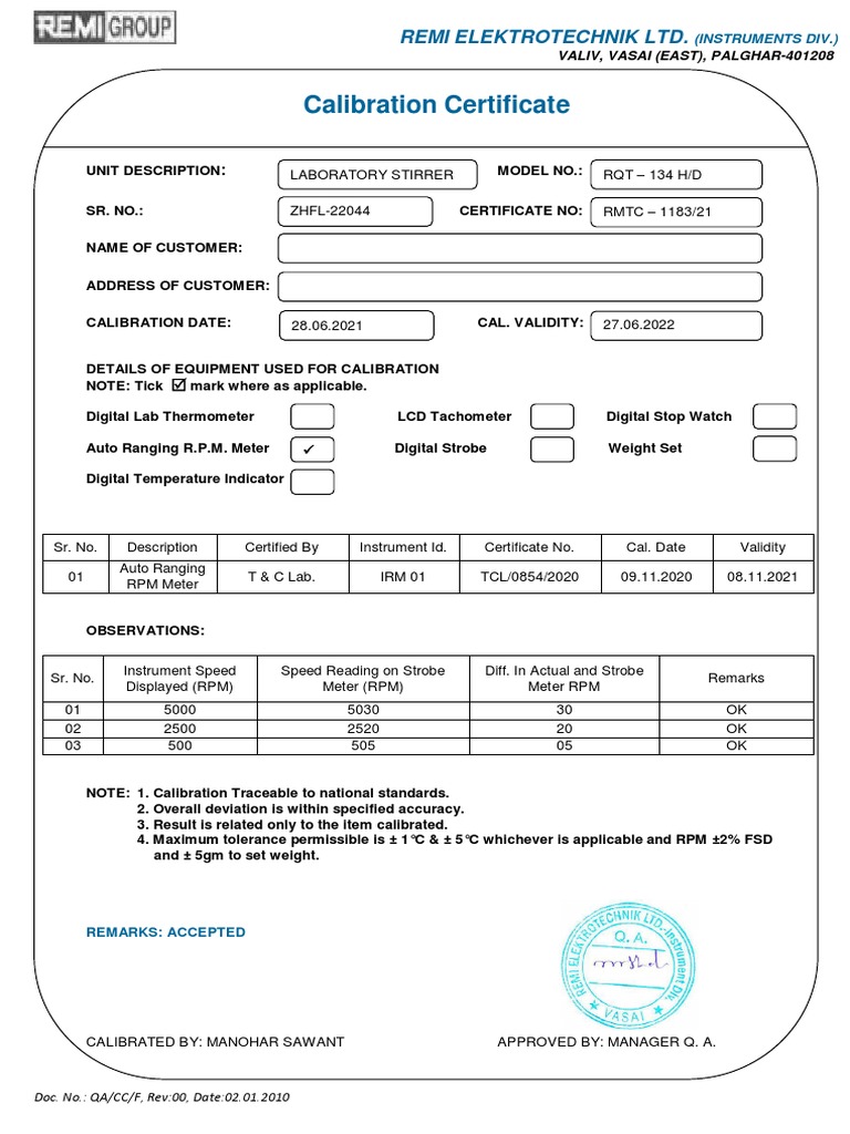 Calibration certificate | PDF | Calibration | Manufactured Goods