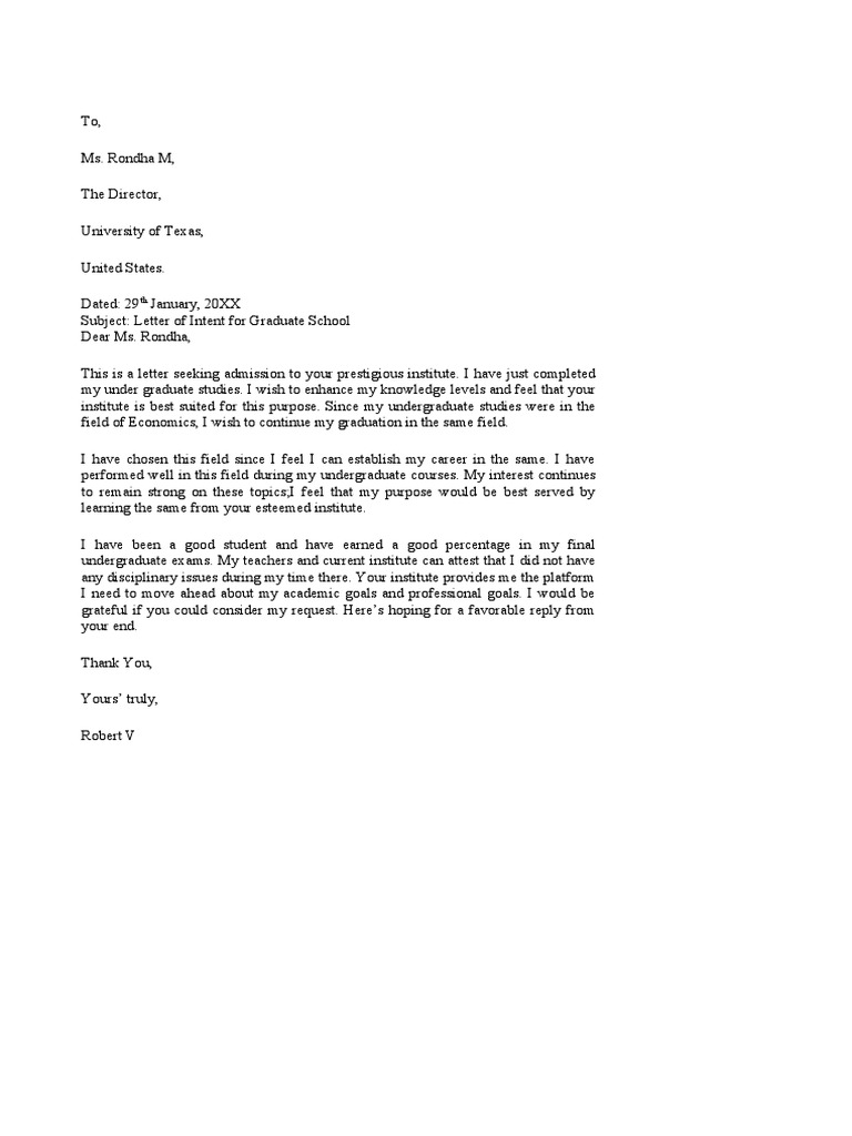 Letter of Intent Graduate School Sample | PDF