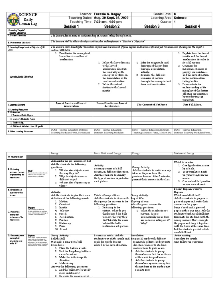 DLL 7es - Science 8 - q1w1 | PDF | Force | Newton's Laws Of Motion