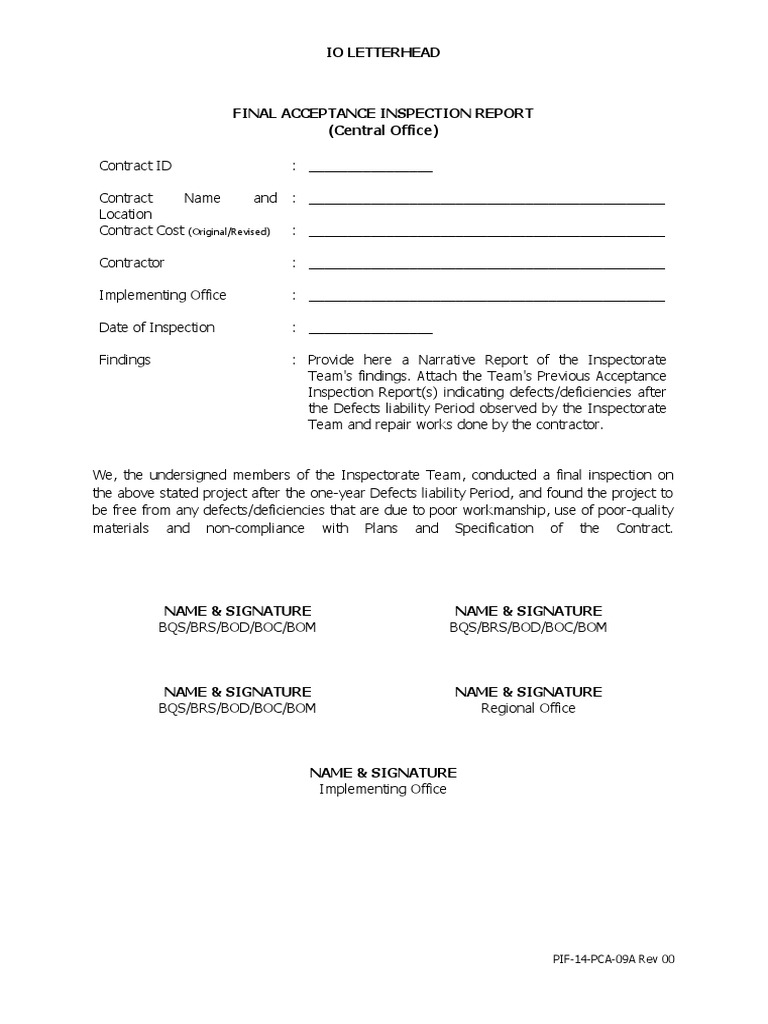 PIF-14-PCA-09 Acceptance Inspection Report | PDF | Quality | Evaluation