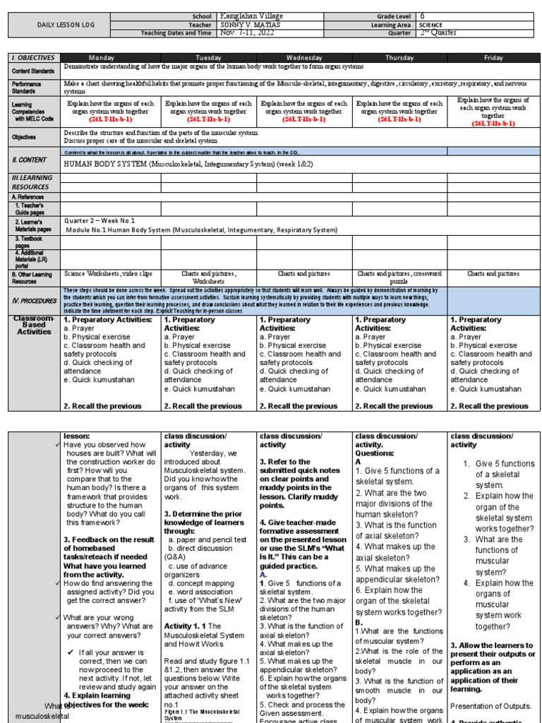 Dll-Science 6, q2 Week 1 | PDF | Human Musculoskeletal System | Skeleton
