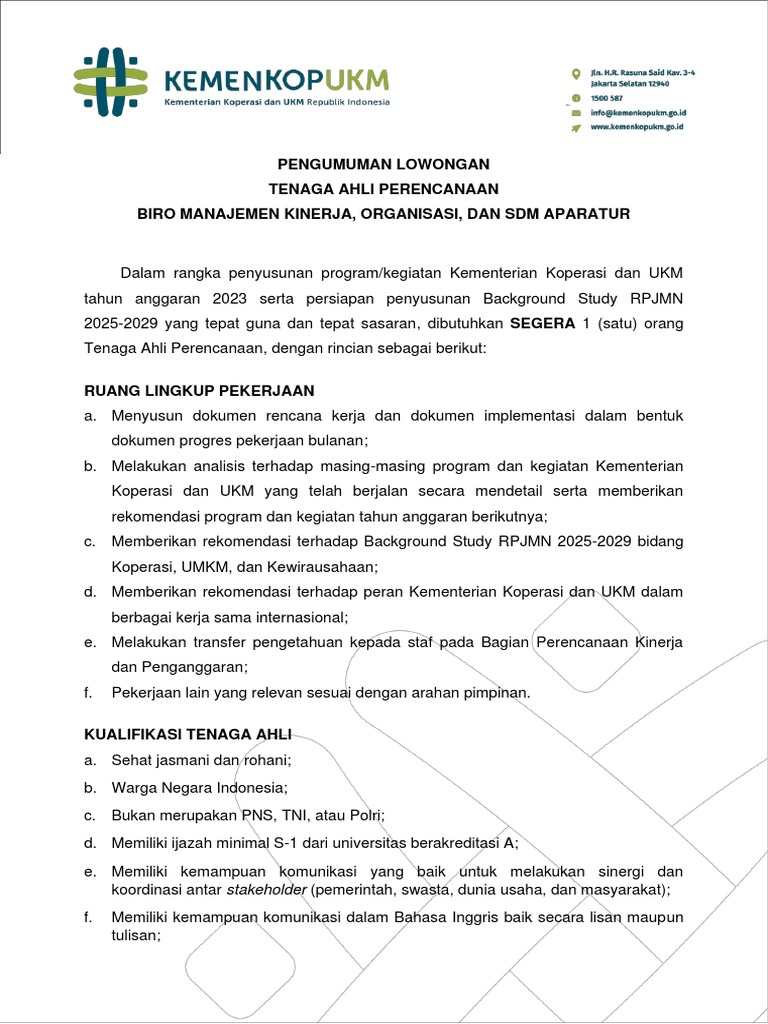 Pengumuman Rekrutmen Tenaga Ahli Perencanaan 2022 | PDF