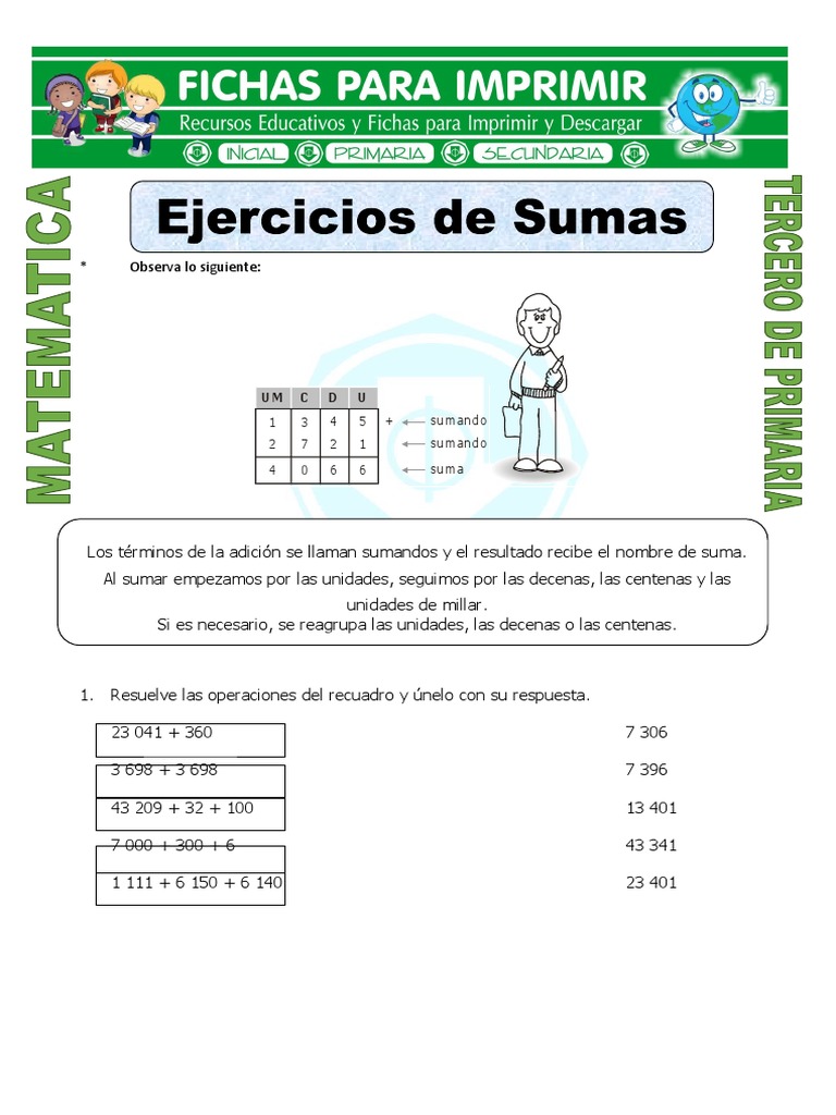 Ficha Ejercicios de Sumas para Tercero de Primaria | PDF | Notación ...