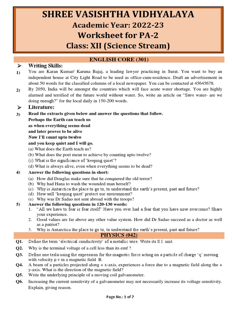 Shree Vasishtha Vidhyalaya Worksheet for PA-2 Class XII (Science Stream ...