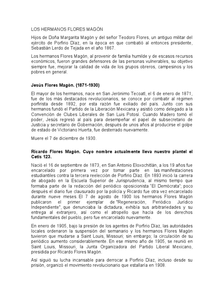 Biografía de los Hermanos Flores Magón | PDF | Política | Ciencias sociales
