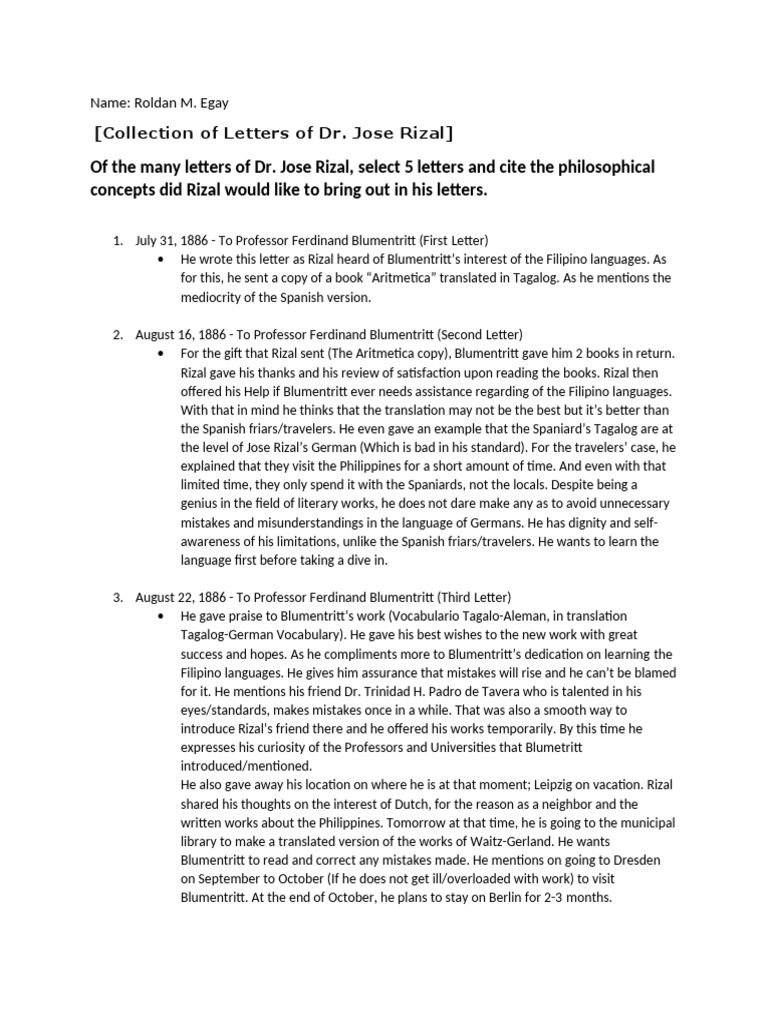 Rizal's Letters to Blumentritt: Insights into Rizal's Philosophical ...