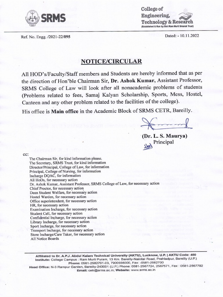 Notice-Circular Regarding New Admin Incharge Srms Cetr Campus | PDF